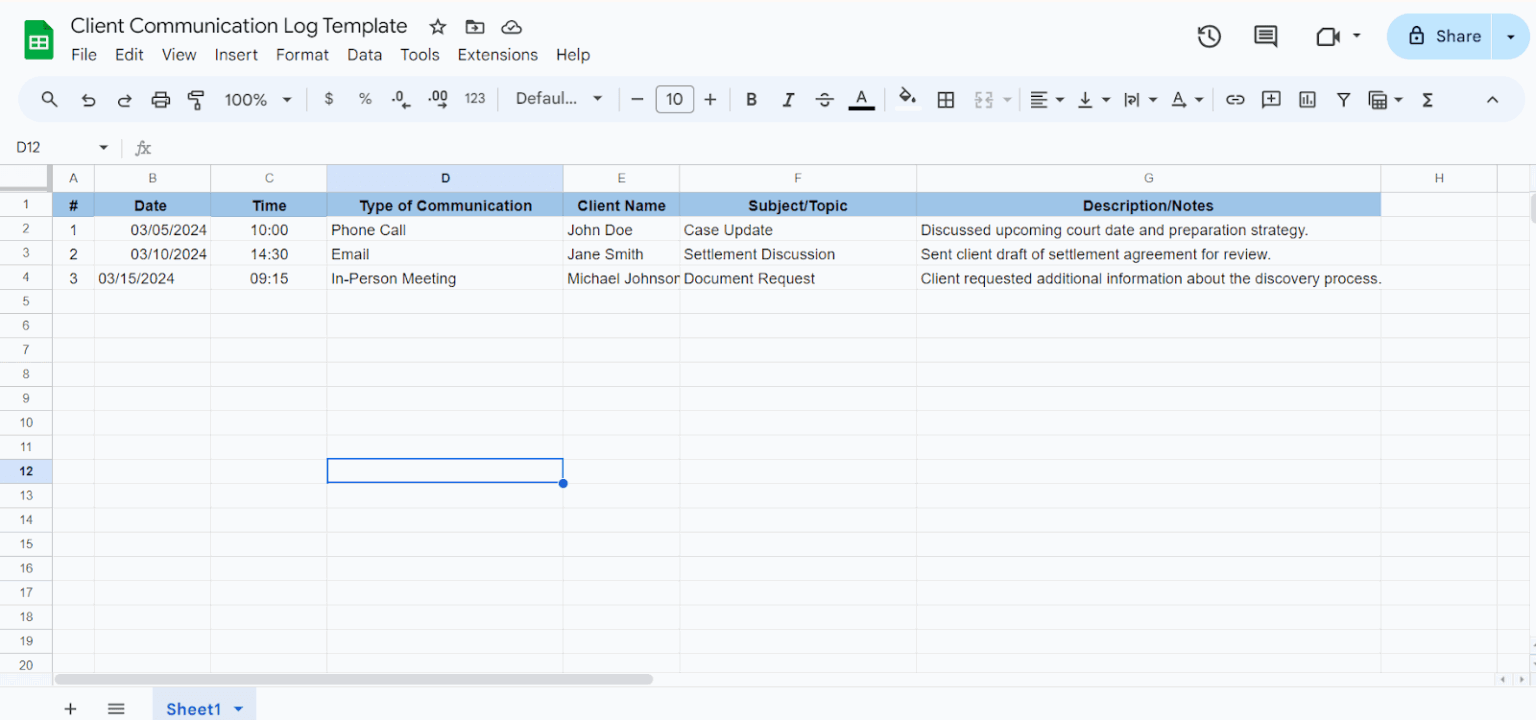 Free Client Communication Log Template for Google Sheet - DocsJam