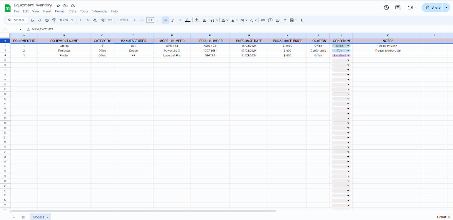 Free Equipment Inventory Template for Google Sheets - DocsJam