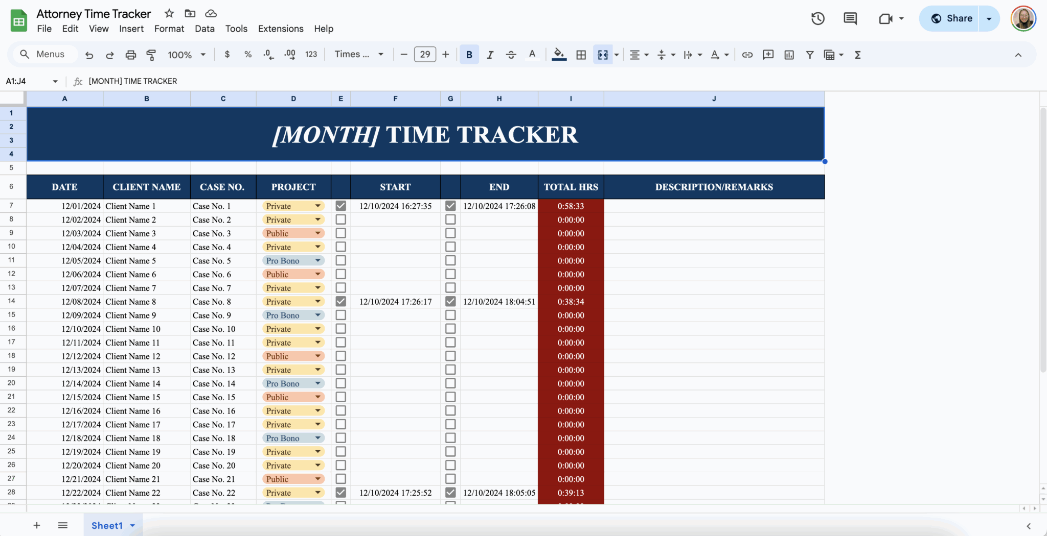 Free Attorney Time Tracker Template for Google Sheets - DocsJam