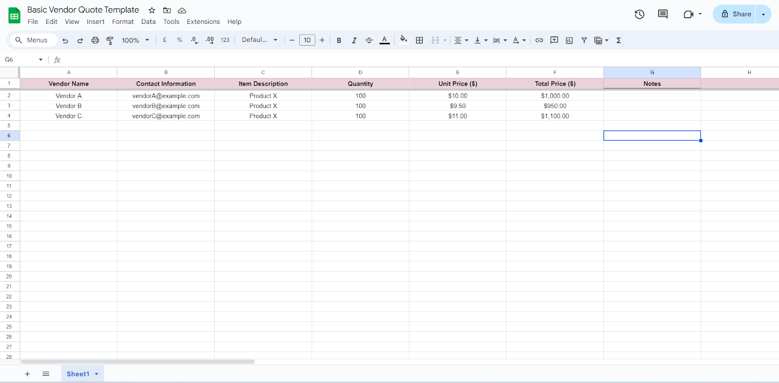 Free Basic Vendor Quote Template for Google Sheets - DocsJam
