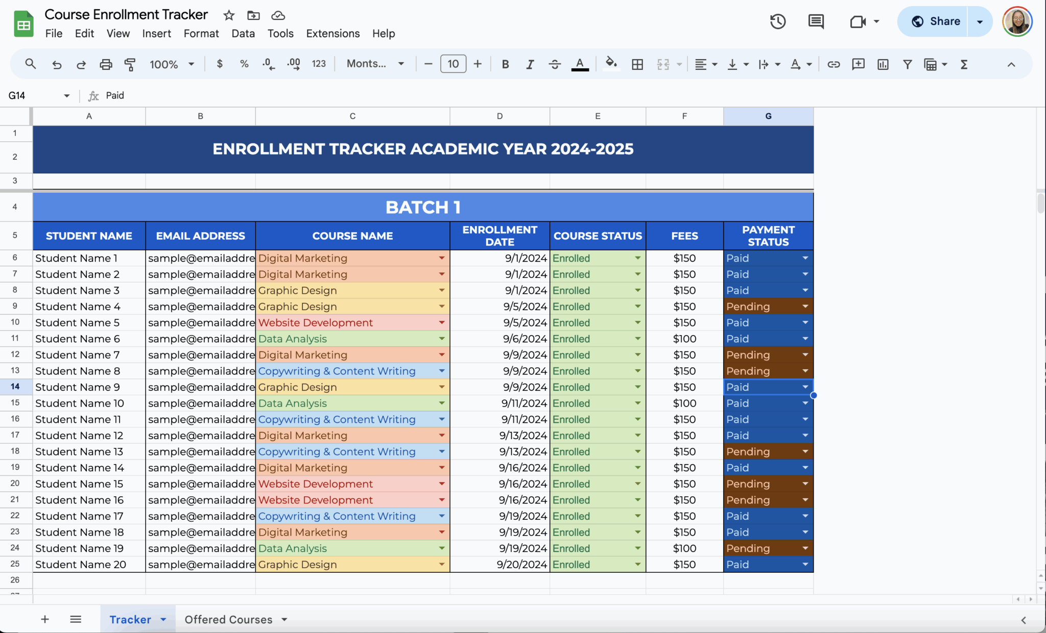 Free Course Enrollment Tracker Template for Google Sheets - DocsJam