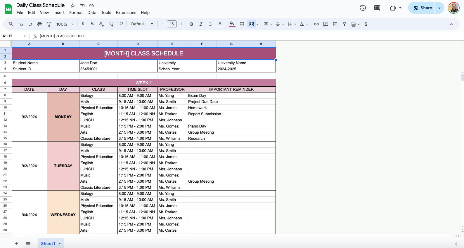Free Daily Class Schedule Template for Google Sheets - DocsJam