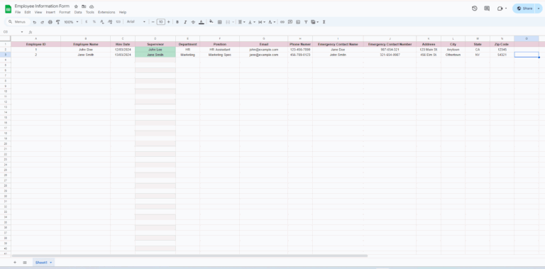 Free Employee Information Template for Google Sheet - DocsJam