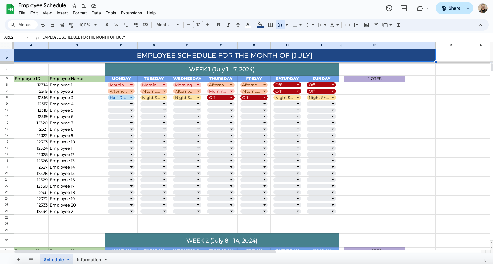 Free Employee Schedule Template for Google Sheets - DocsJam