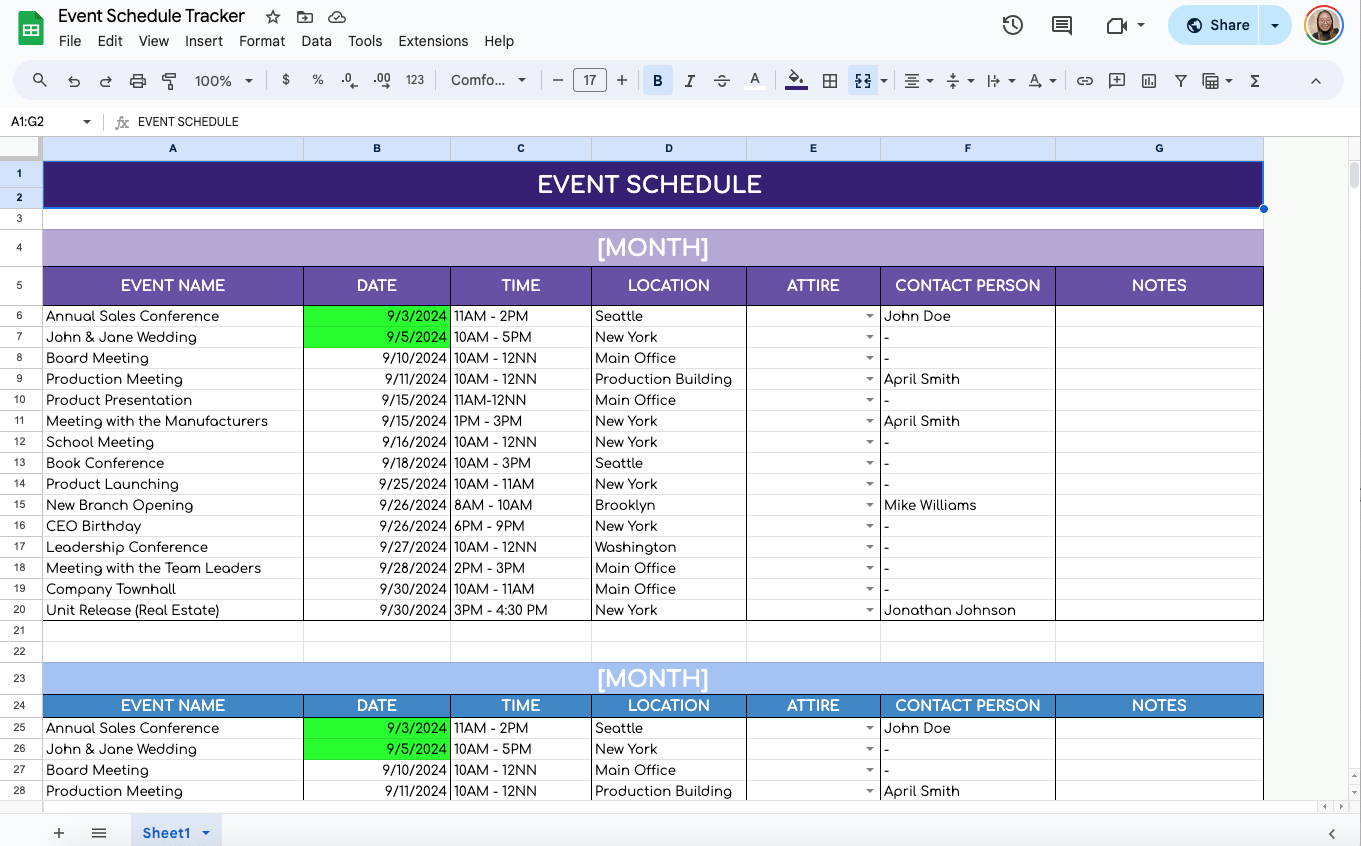 Free Event Schedule Tracker Template for Google Sheets - DocsJam