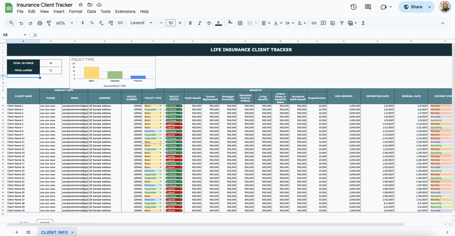Free Insurance Broker Client Tracker for Google Sheets - DocsJam