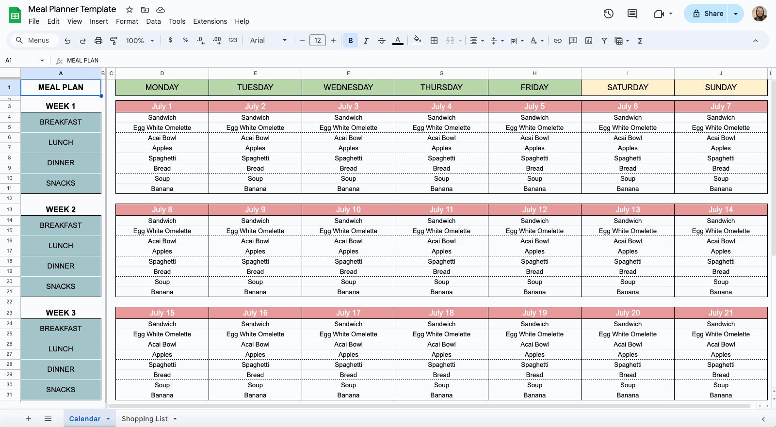 Free Meal Planner Template for Google Sheets - DocsJam