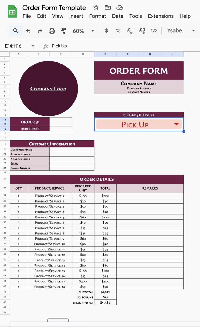 Free Order Form Template for Google Sheets - DocsJam