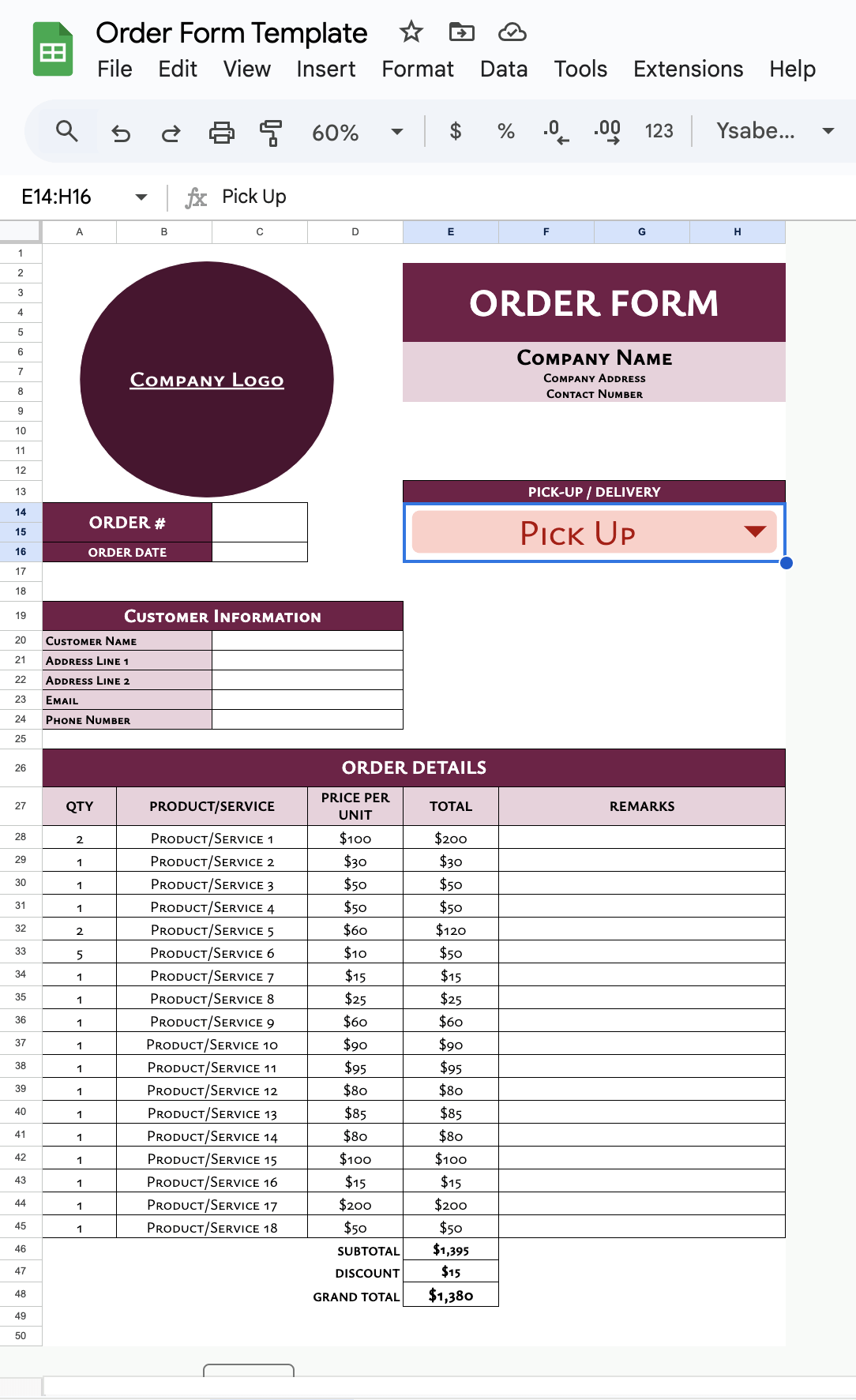 Free Order Form Template for Google Sheets - DocsJam