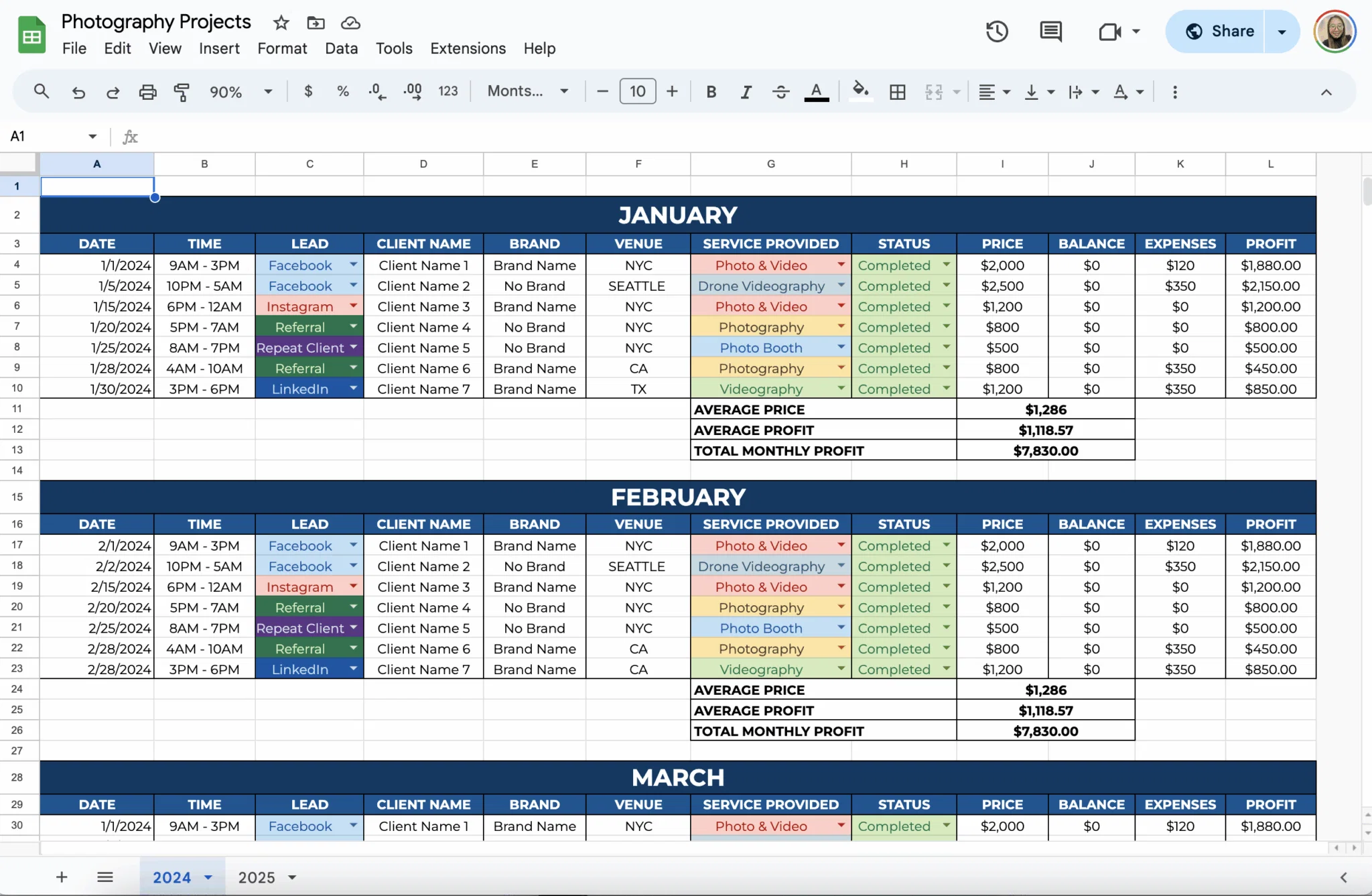 Free Photography Business Template for Google Sheets - DocsJam
