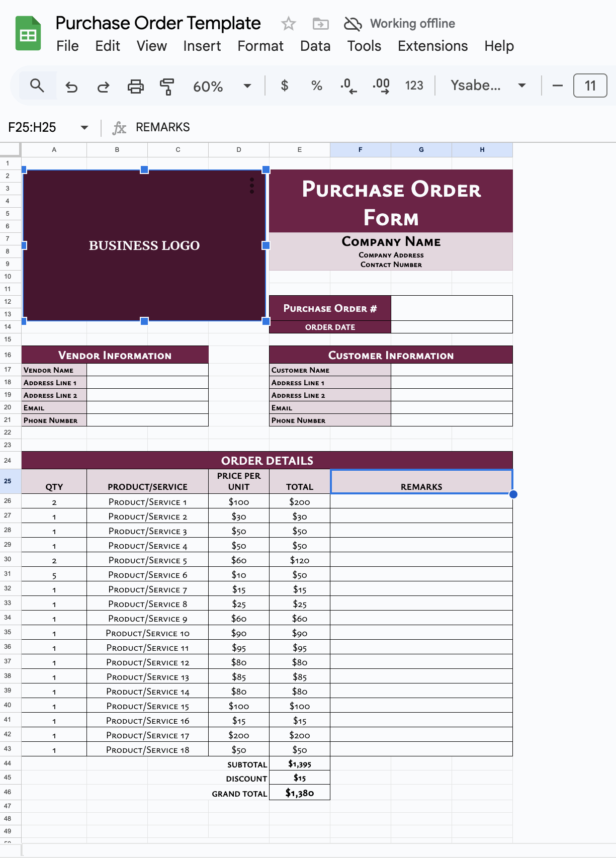 Free Purchase Order Template for Google Sheets - DocsJam