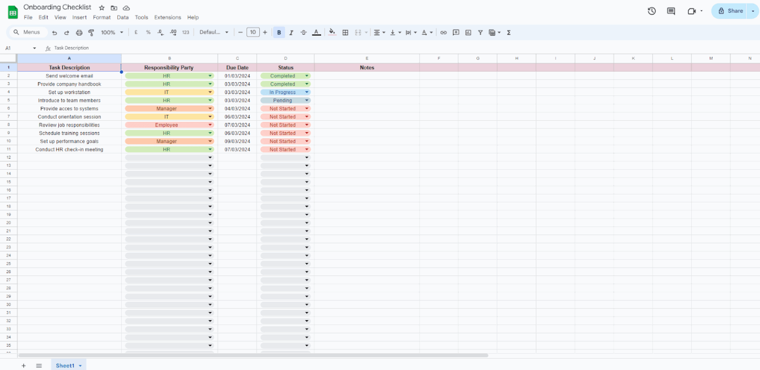 Free Onboarding Checklist Template for Google Sheet - DocsJam