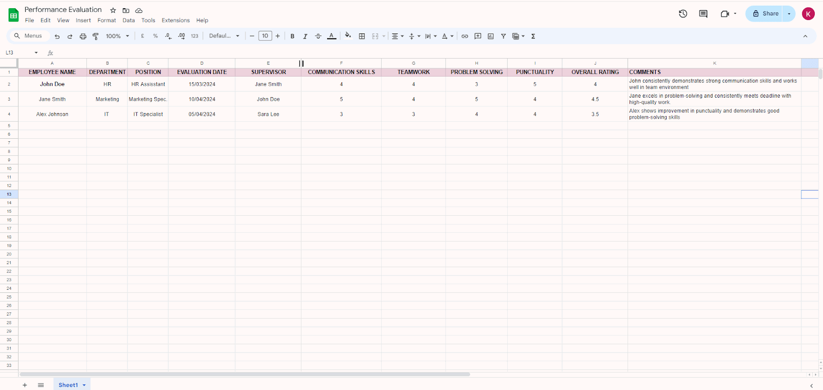 Free Performance Evaluation Template for Google Sheets - DocsJam