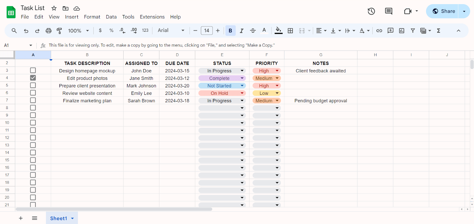 Free Task List Template for Google Sheets - DocsJam