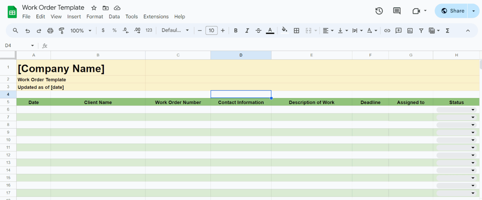 Free Work Order Template for Google Sheets - DocsJam