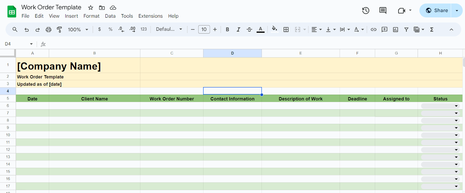Free Work Order Template for Google Sheets - DocsJam